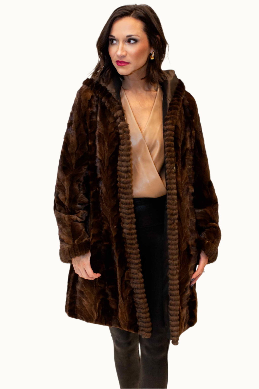 Sheared Reversible Mink Fur Stroller with Mink Fur Trim & Hood – Henig Furs