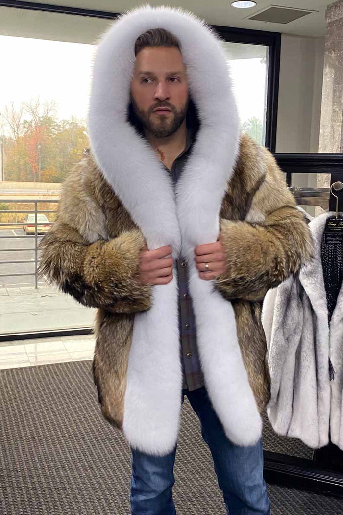Custom Made Coyote Fur Jacket with Hood and Fox Fur Trim – Henig Furs
